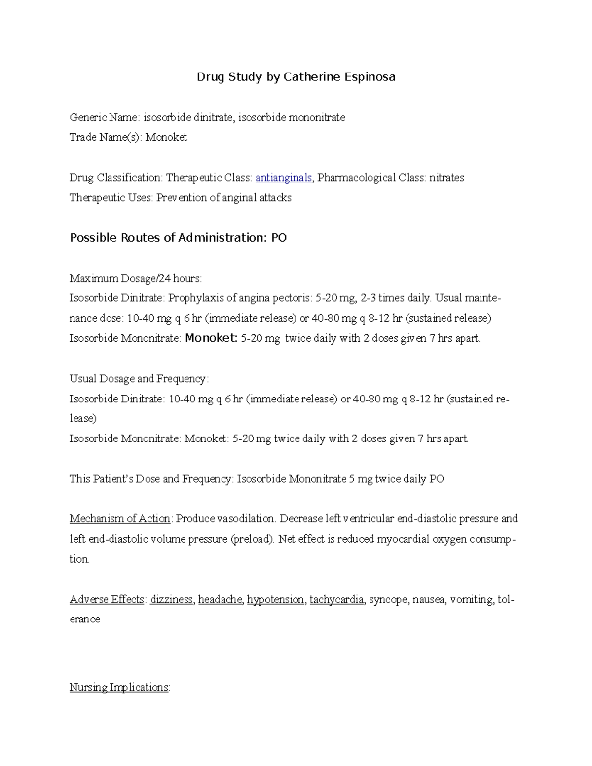 Isosorbide Drug Study - Drug Study by Catherine Espinosa Generic Name ...