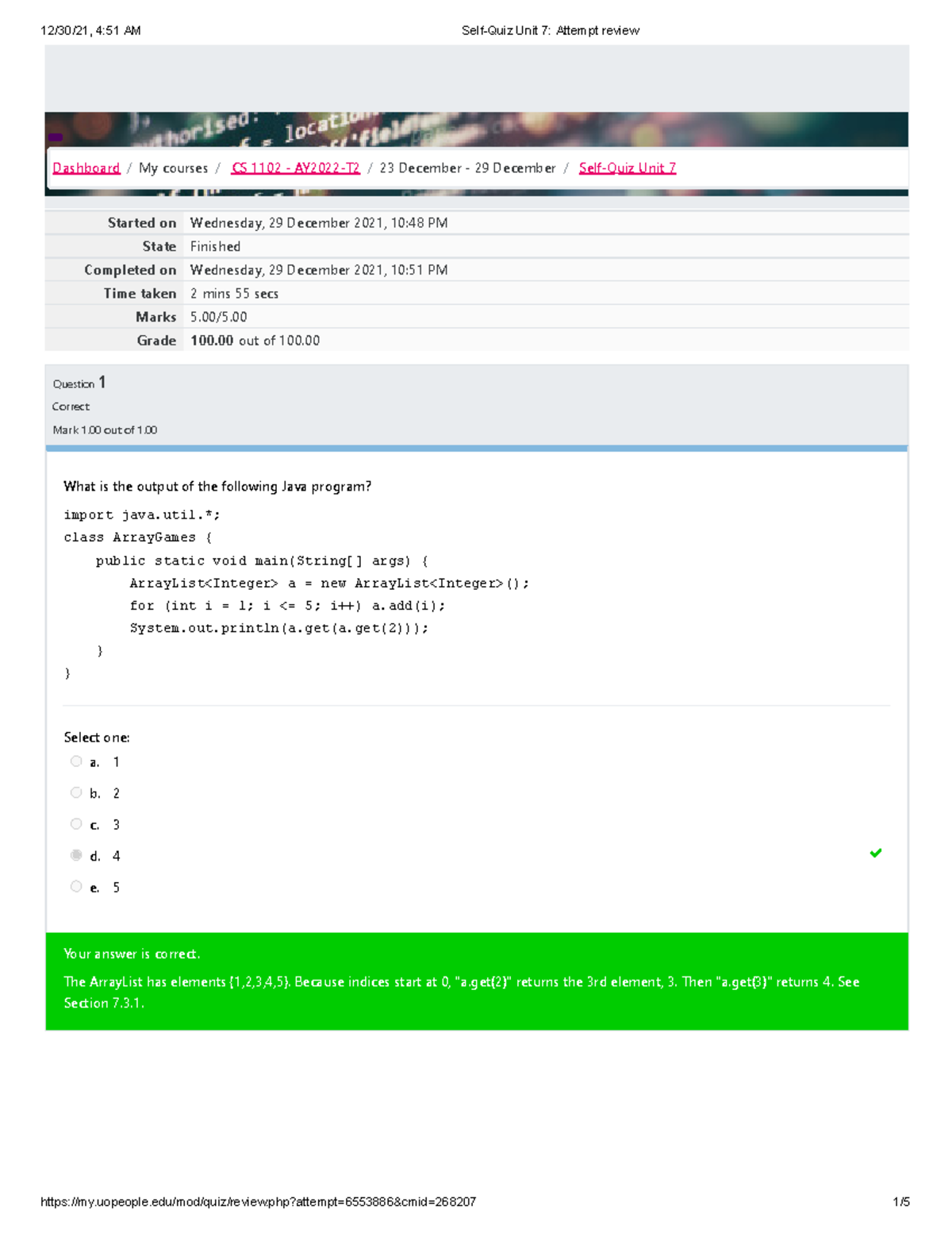 CS1102 - programming - Self-Quiz Unit 7 Attempt review(10) - 4:51 AM ...
