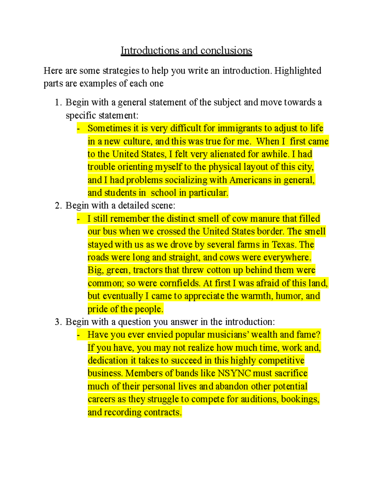 Introductions and conclusions - Highlighted parts are examples of each ...