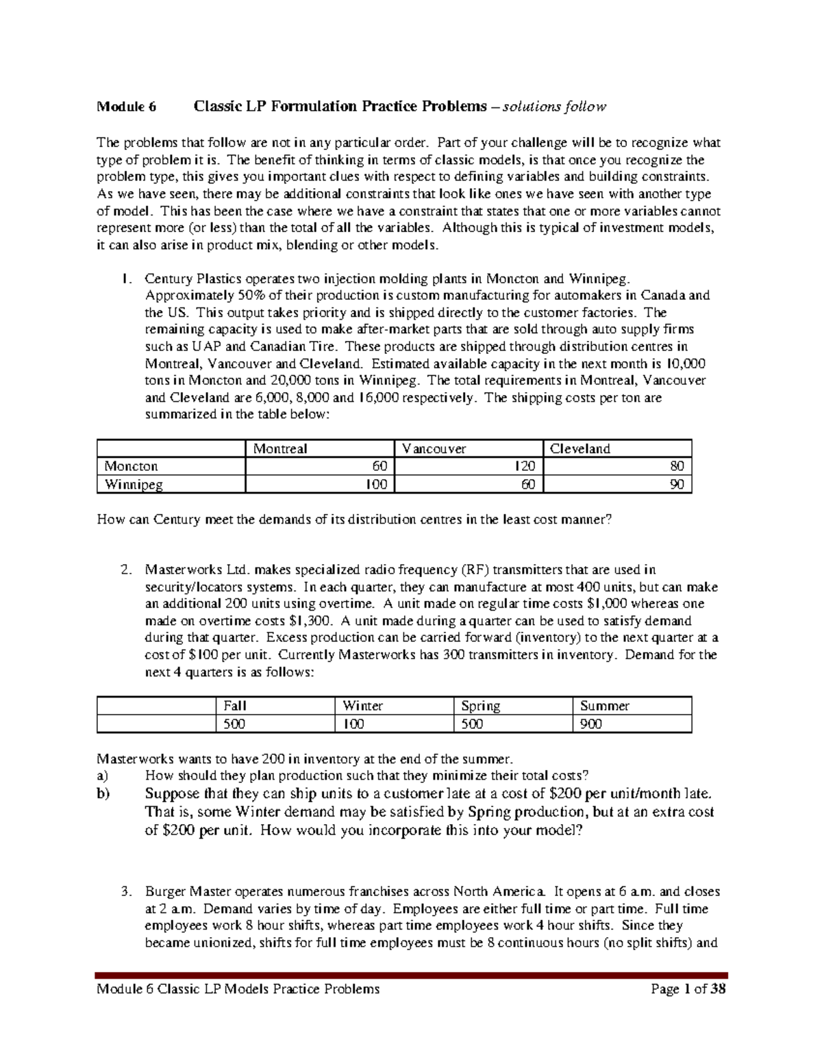Module 6 Classic LP Models - Practice Problems 2019 - Module 6 Classic ...