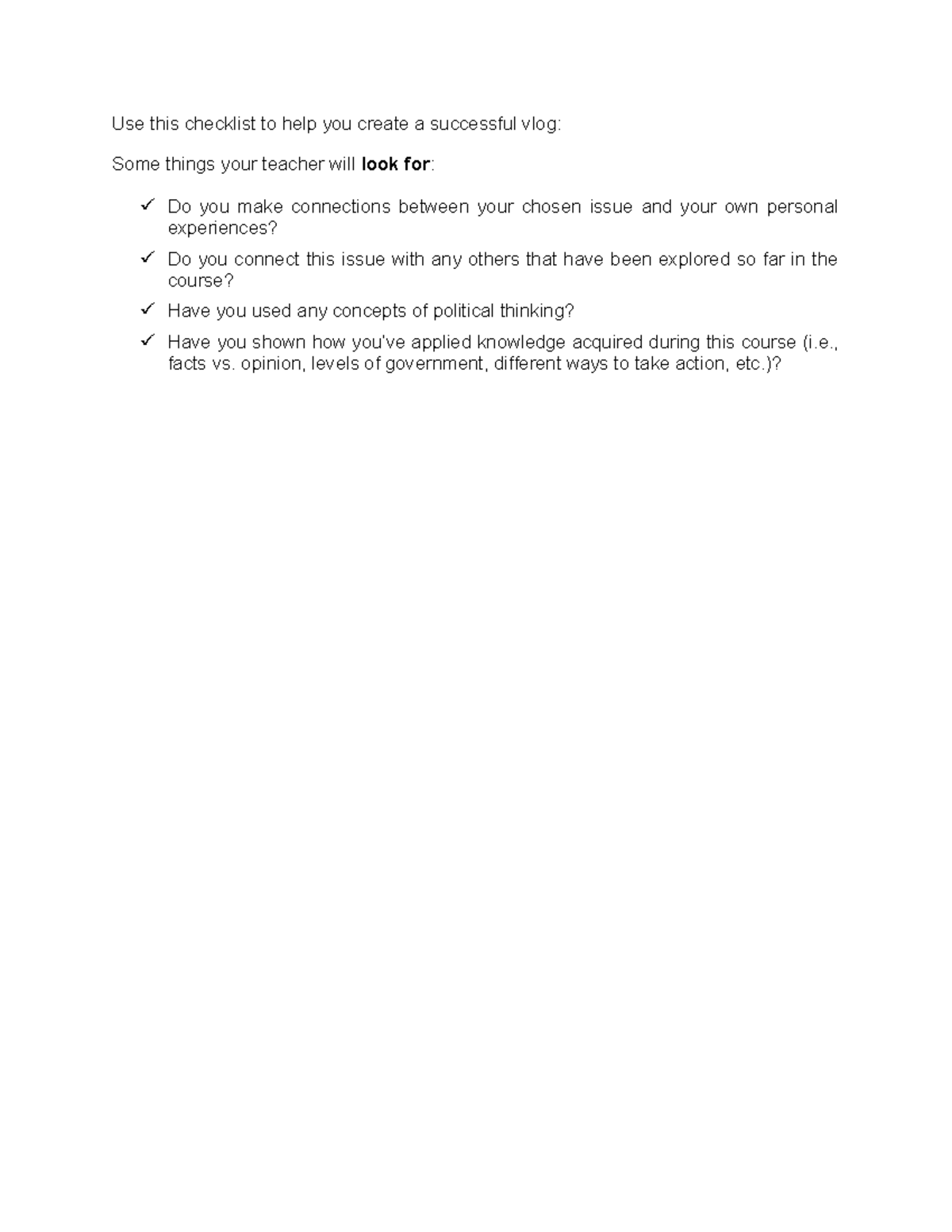 Student Vlog Checklist - Use this checklist to help you create a ...