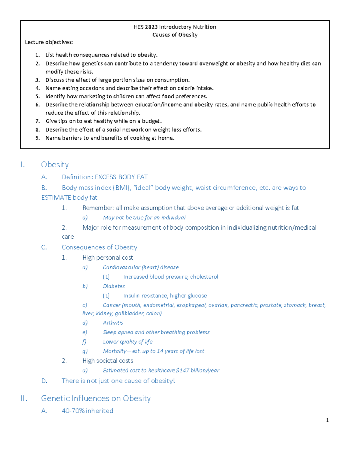 Causes of Obesity lecture notes - I. Obesity A. Definition: EXCESS BODY ...