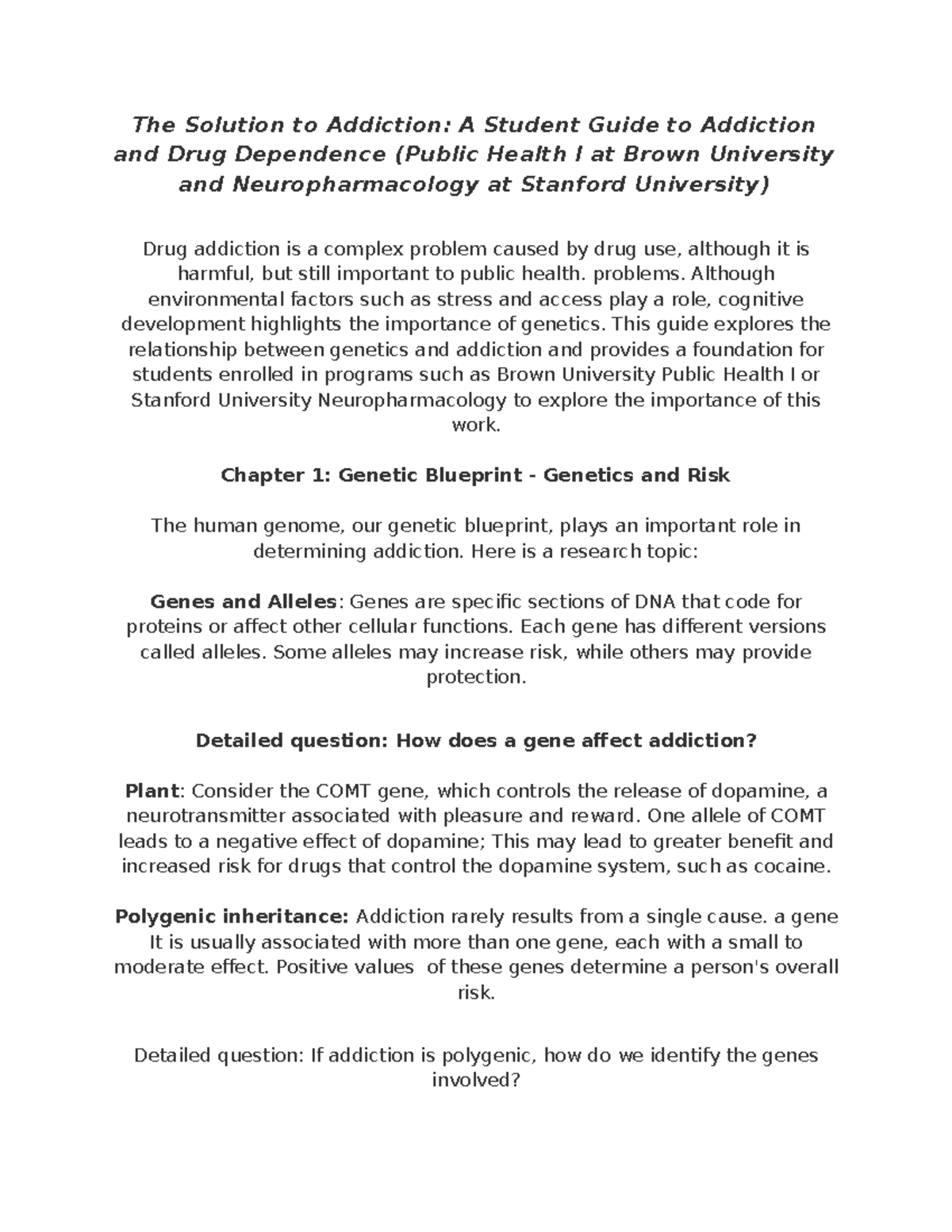 A Student's Guide to Genetics and Drug Addiction Brown University's ...