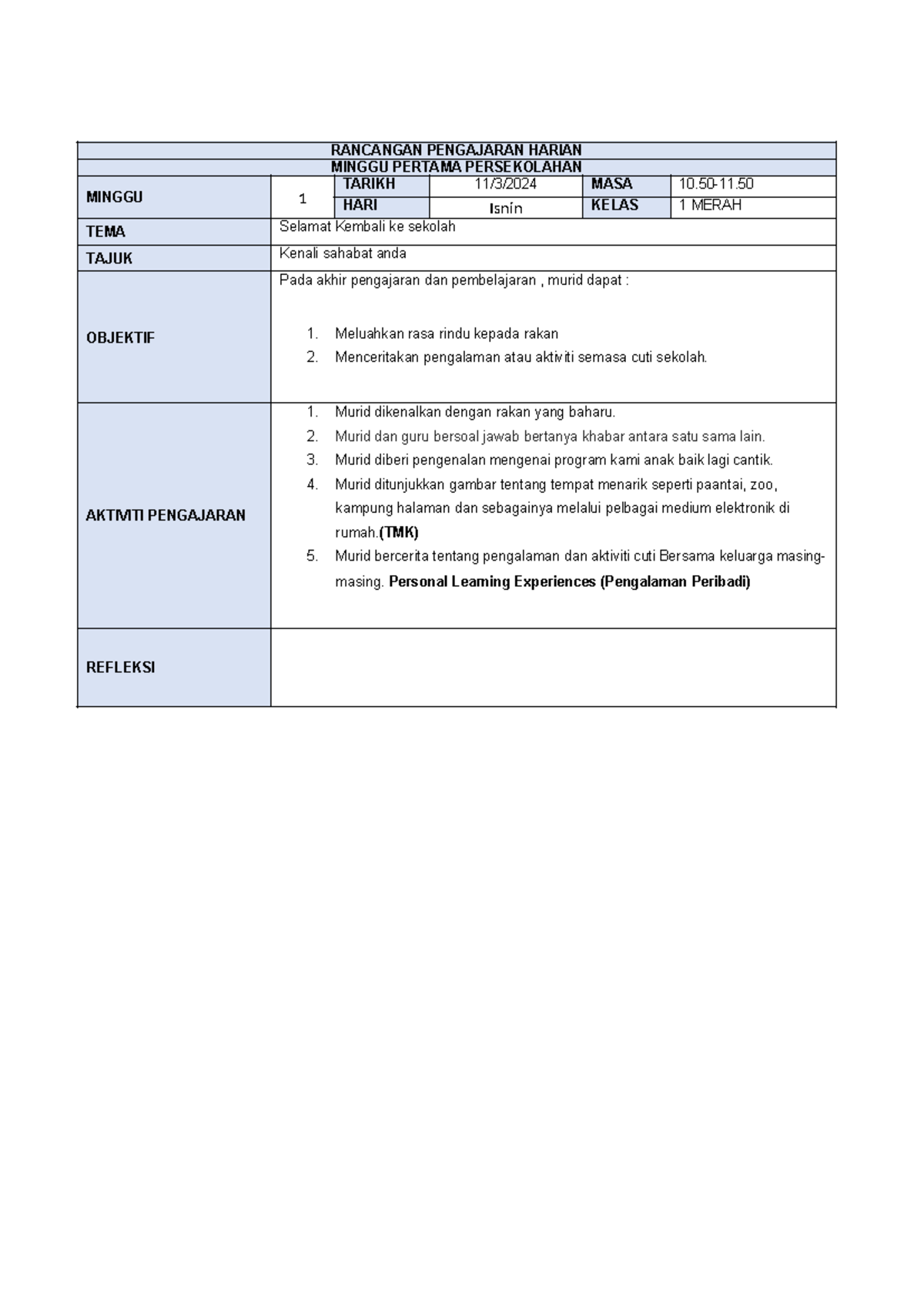 RPH Ringkas Minggu Pertama Persekolahan - MINGGU PERTAMA PERSEKOLAHAN ...
