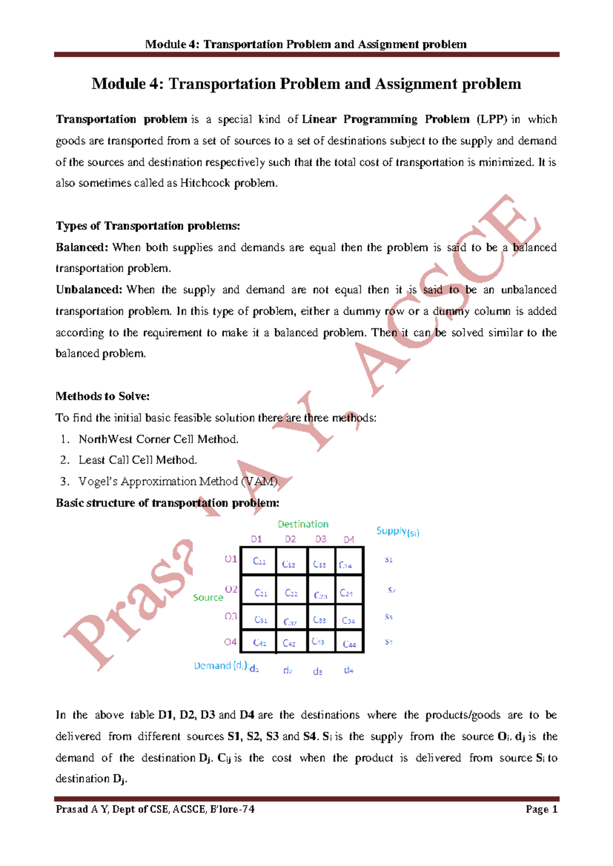 Transportation Method - Module 4: Transportation Problem and Assignment ...