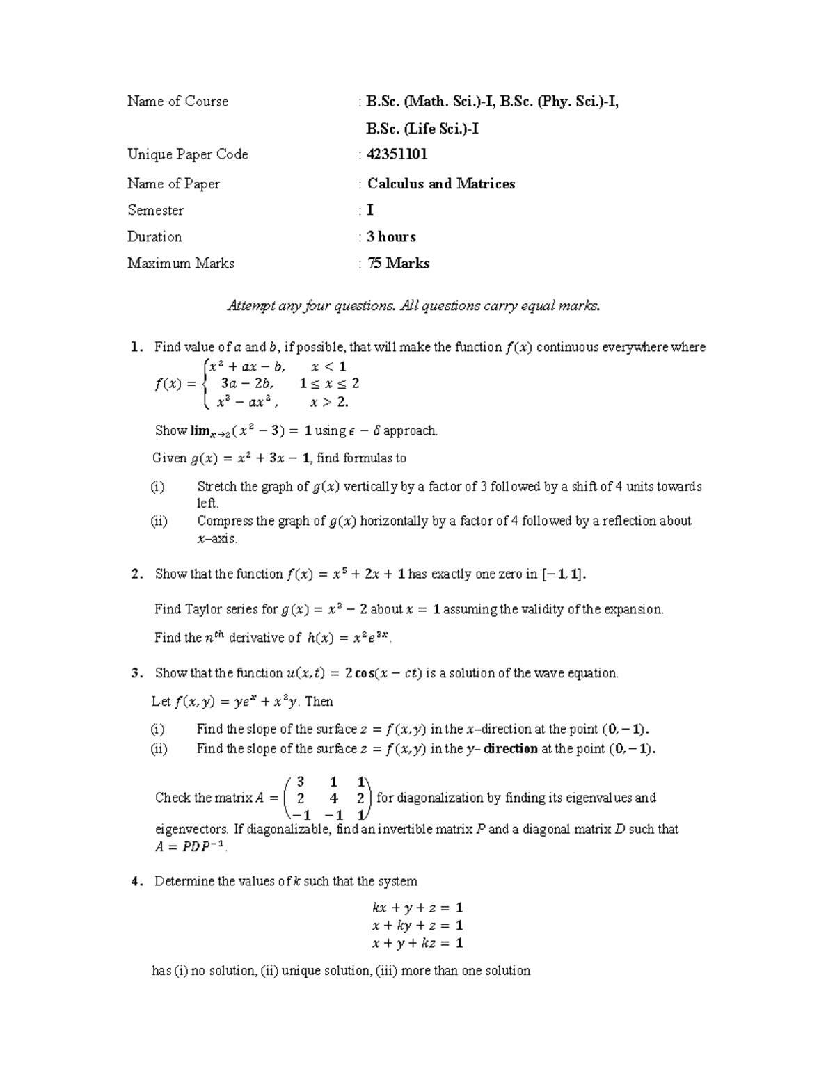 Mathematics-I (Calculus and Matrices) 230630 145752 - Name of Course ...