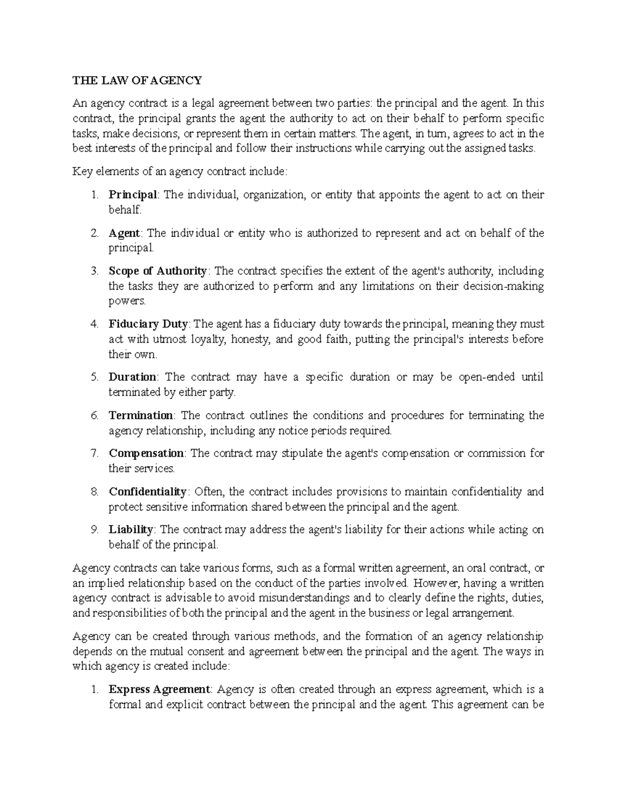 THE LAW OF Agency - THE LAW OF AGENCY An agency contract is a legal ...