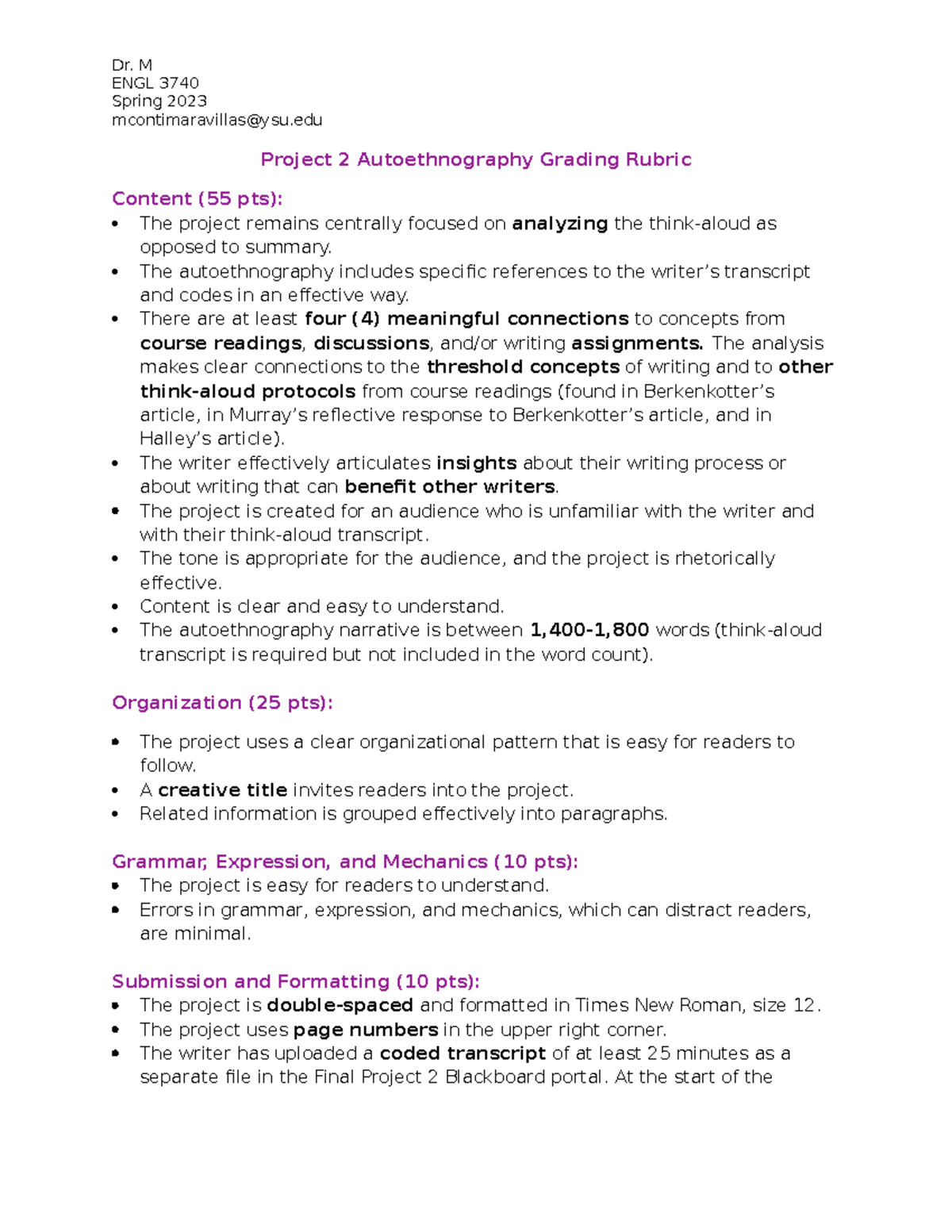 Project 2 Autoethnography Grading Rubric - Dr. M ENGL 3740 Spring 2023 ...