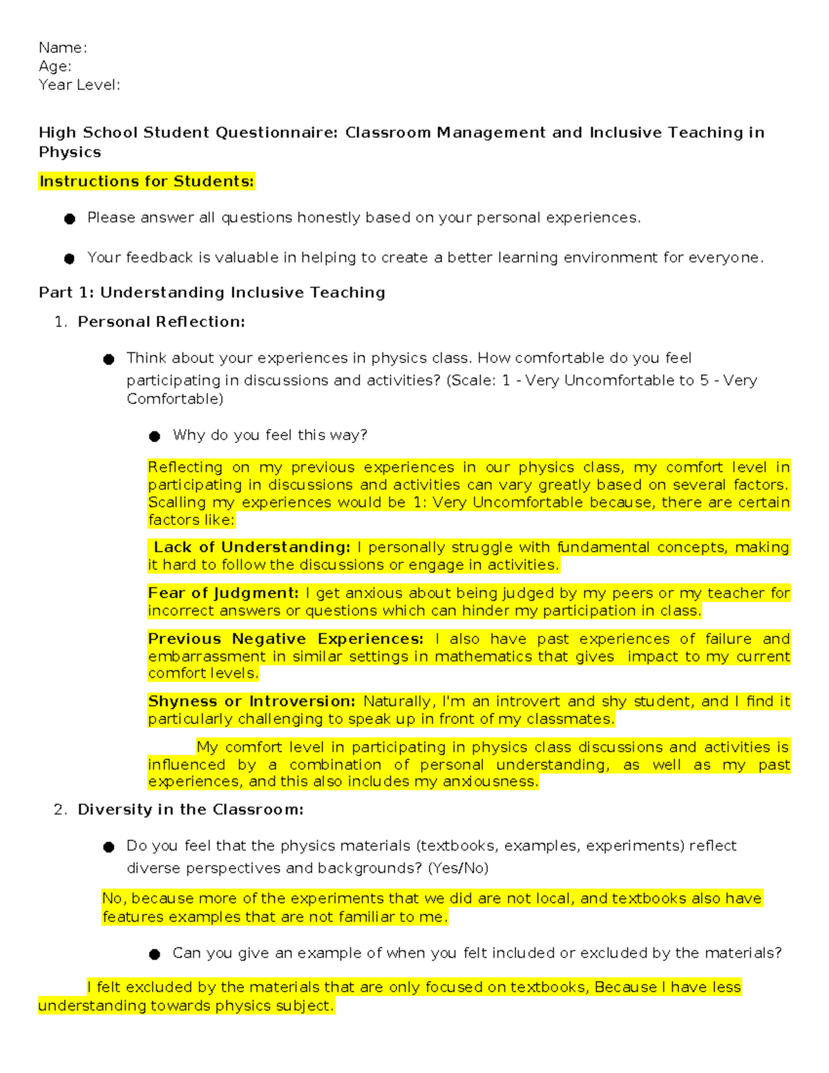 2nd Respondent - survey questions with answers - Name: Age: Year Level ...
