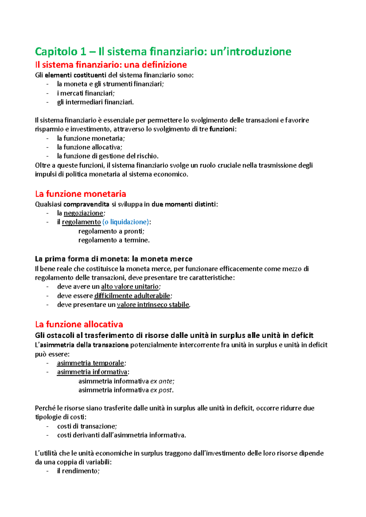 Sistema finanziario - riassunto libro - Capitolo 1 – Il sistema ...
