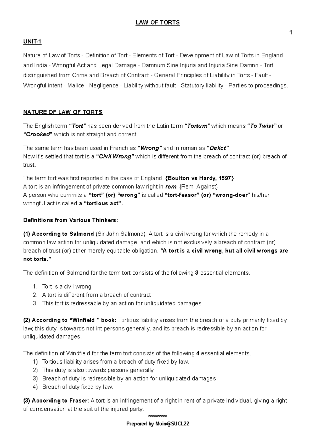LLB 3YDC 1st Semester Law of Torts Notes with Complete Syllabus (OU ...