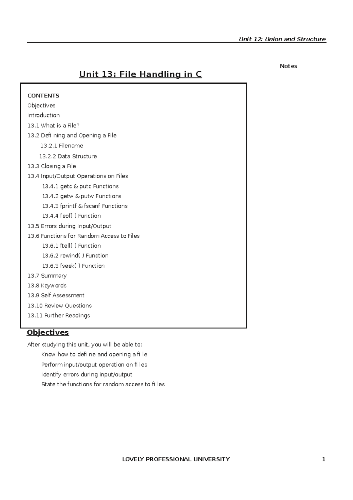 Unit 13 - notes - Unit 12: Union and Structure Notes Unit 13: File ...
