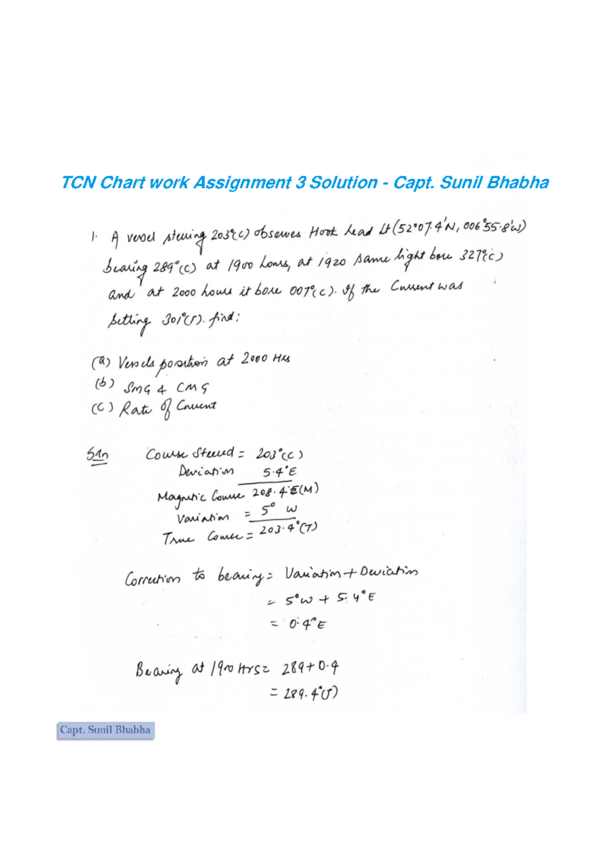 Assignment 3 TCN Solution Rev 2 - nautical science second - TCN Chart work Assignment 3 Solution ...