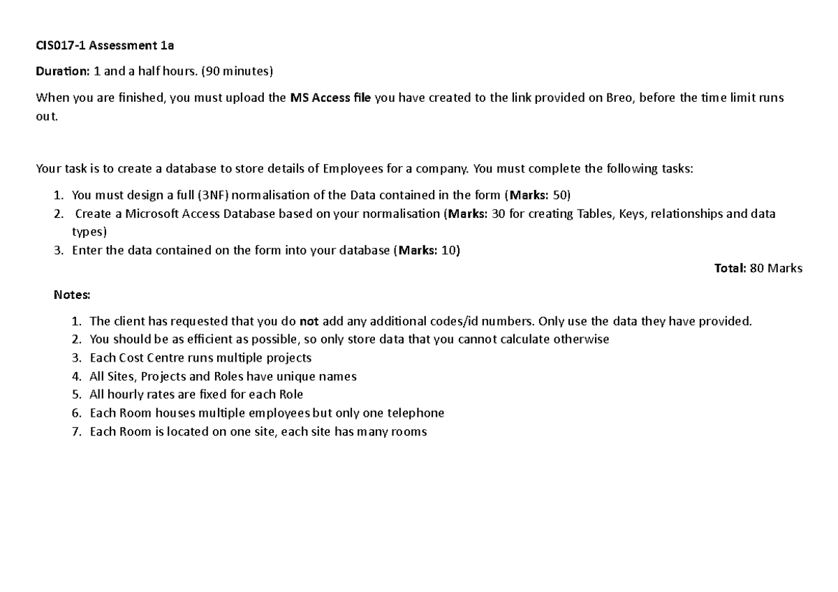 CIS017 Mock test 2015 - CIS017-1 Assessment 1a Duration: 1 and a half ...