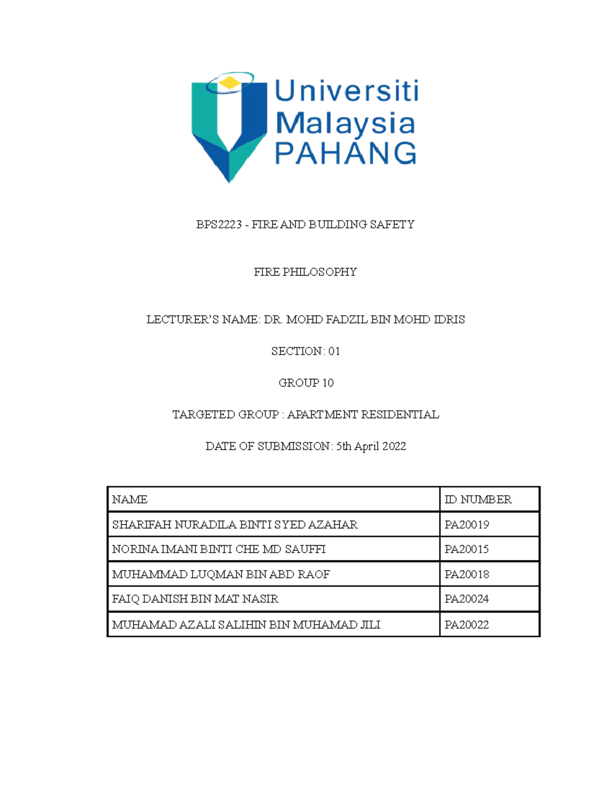 FIRE Philosophy Assignment 1 Group 10 - BPS2223 - FIRE AND BUILDING ...