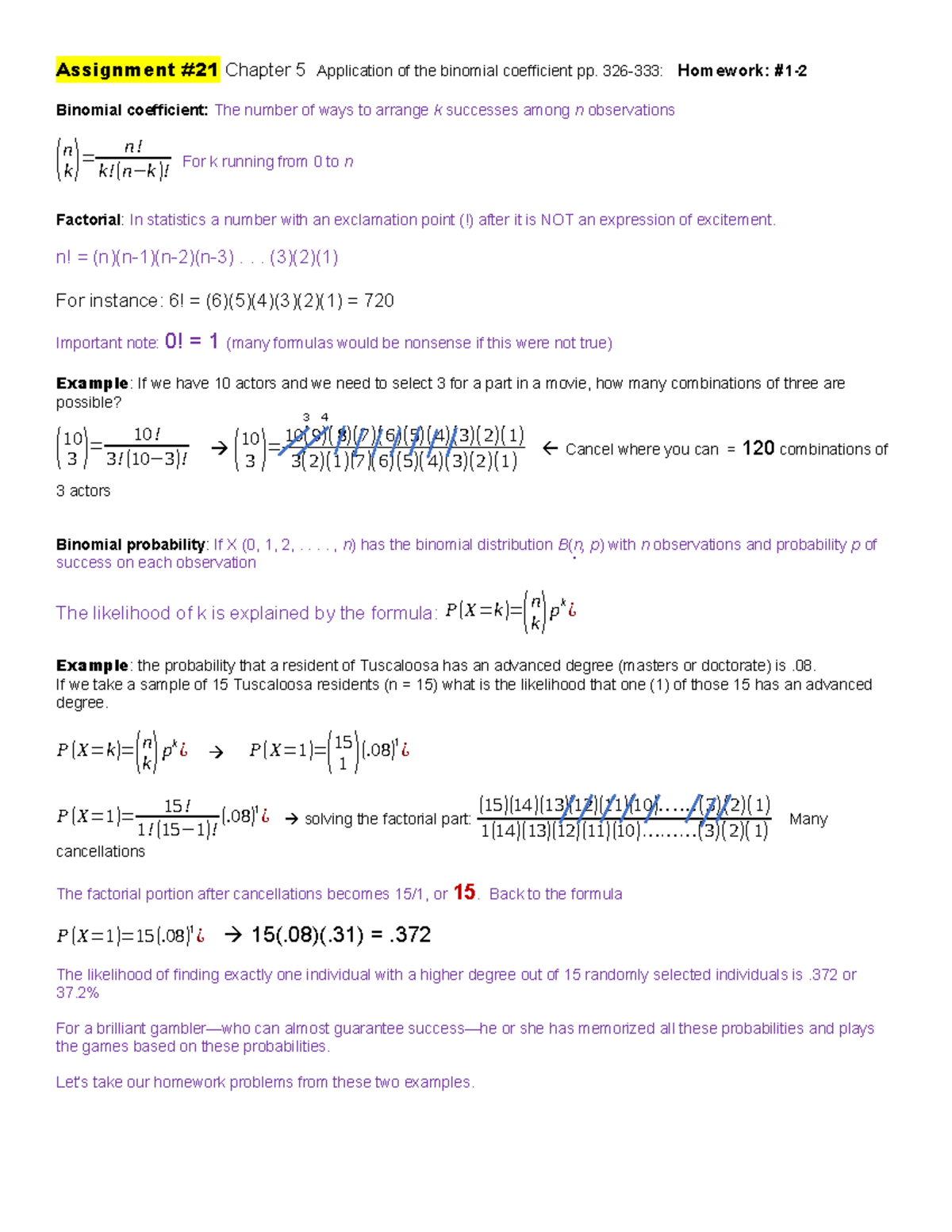 Ua Stat Assignment 21 Assignment 21 Chapter 5 Application Of The Binomial Coefficient Pp