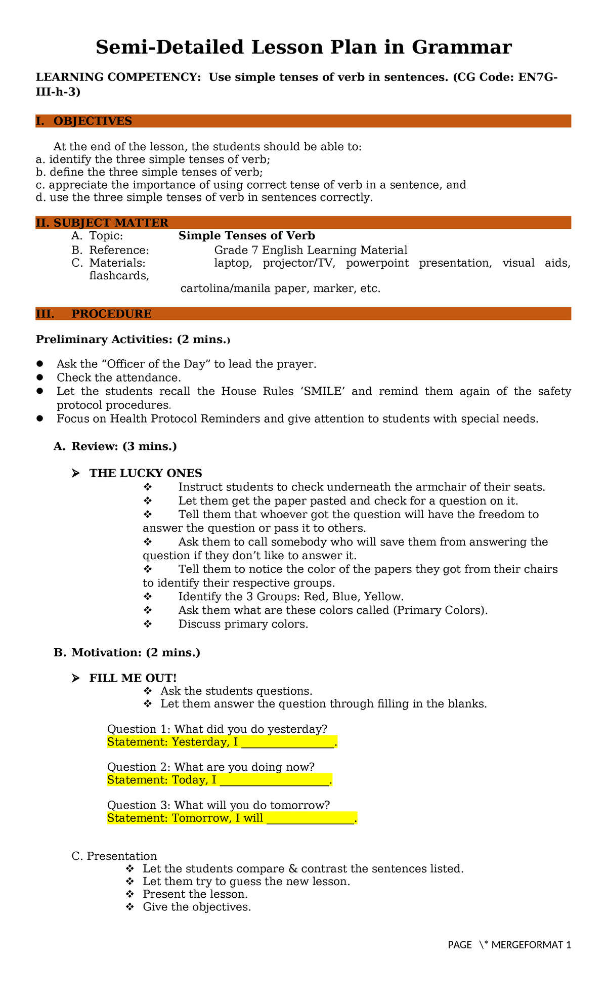 Lesson Plan in Grammar - LP SAMPLE - Semi-Detailed Lesson Plan in ...