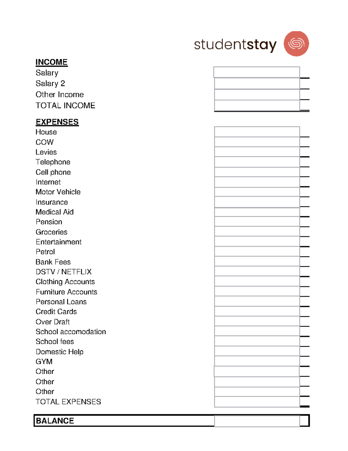 Studentstay income expenses v1 - INCOME Salary Salary 2 Other Income ...