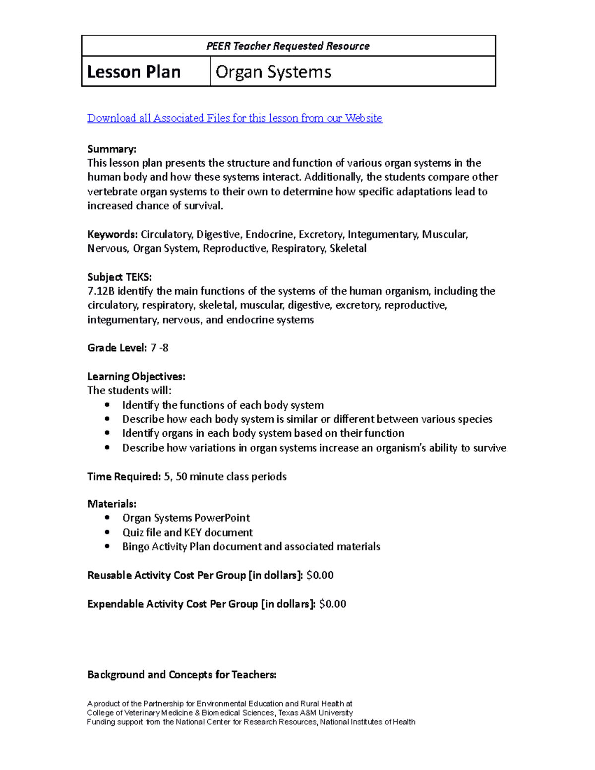 Human Organ Systems Lesson Plan - PEER Teacher Requested Resource ...