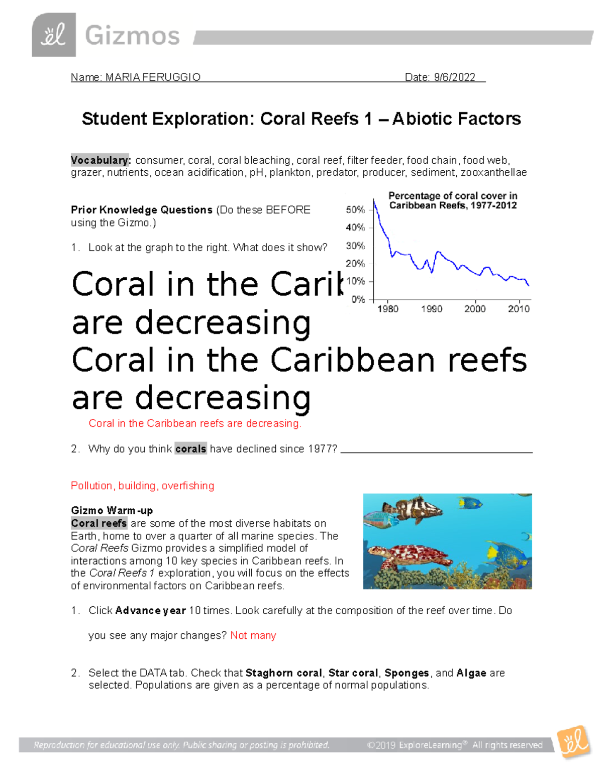Coral Reef 1 gizmo - Maria Feruggio - Name: MARIA FERUGGIO Date: 9/6 ...