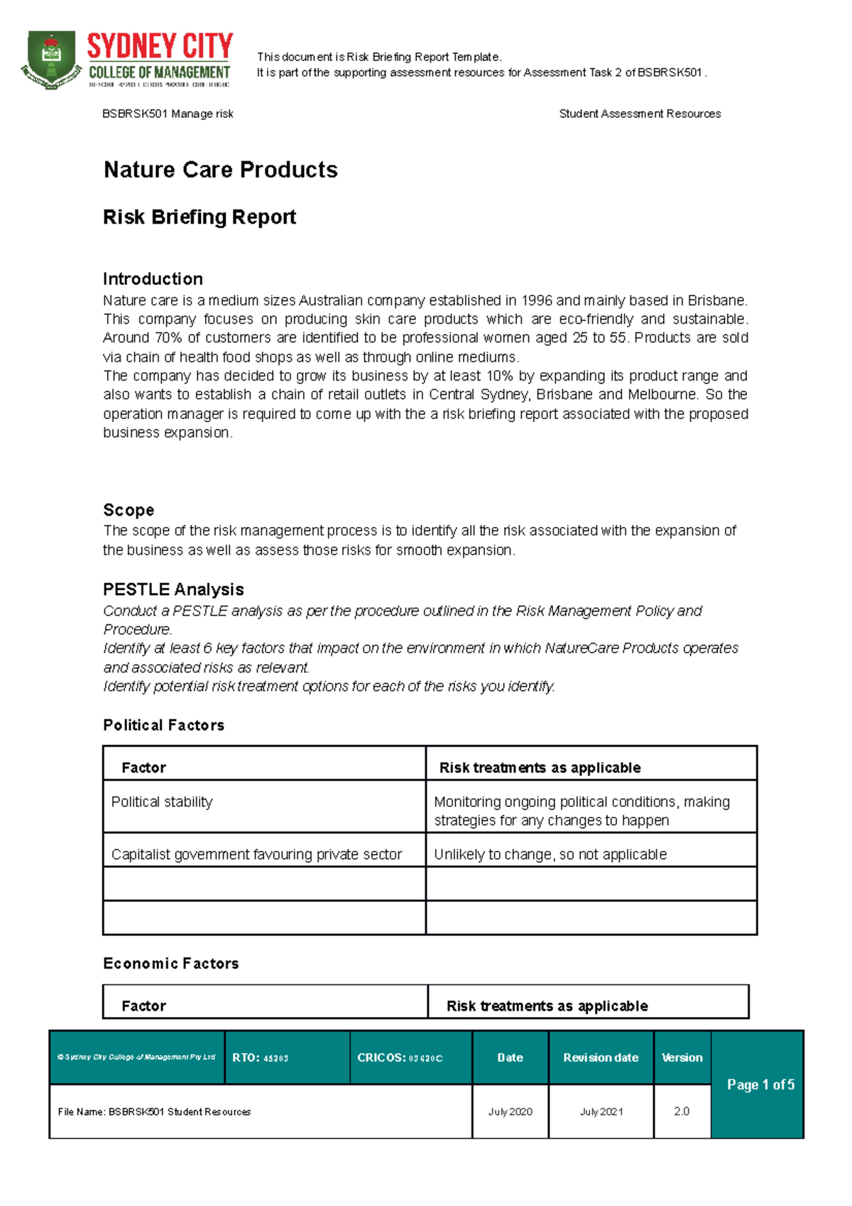 Risk Briefing Report Template - It is part of the supporting assessment ...