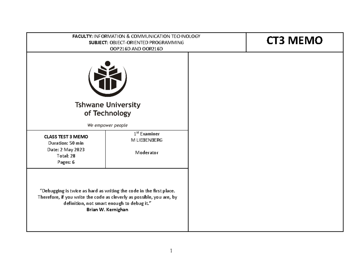 OOP216D OOR216D CT3 2023S1 Memo 240424 220939 - 1 FACULTY : INFORMATION ...