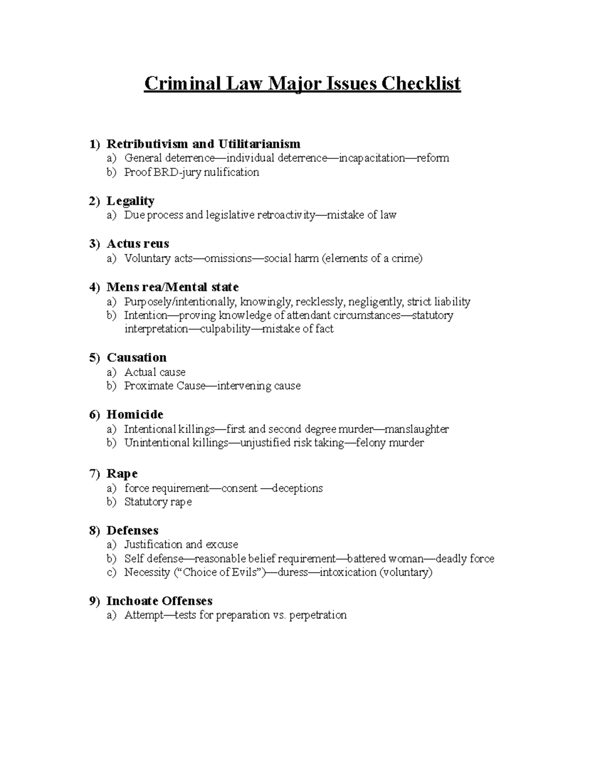 Criminal Law - Prof. Duke 2 - Criminal Law Major Issues Checklist 1 ...