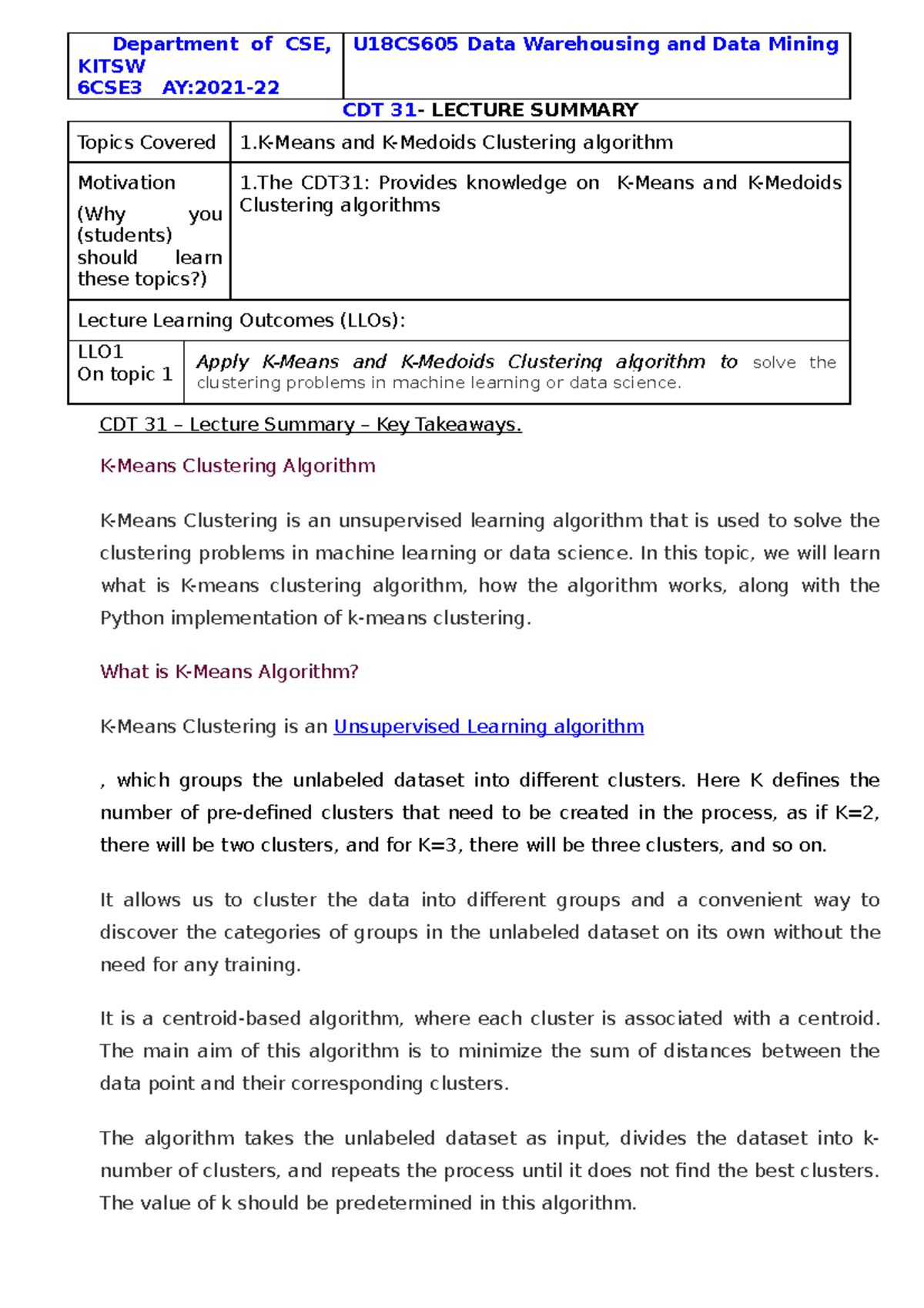 Data Mining Notes Kitsw 6cse3 Ay2021 Cdt 31 Lecture Summary Topics Covered 1 Means And 