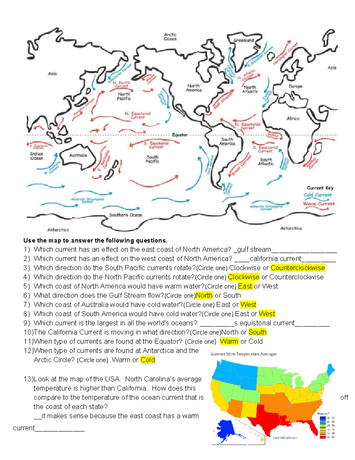 Copy of Copy of Ocean Currents Activity - Use the map to answer the ...