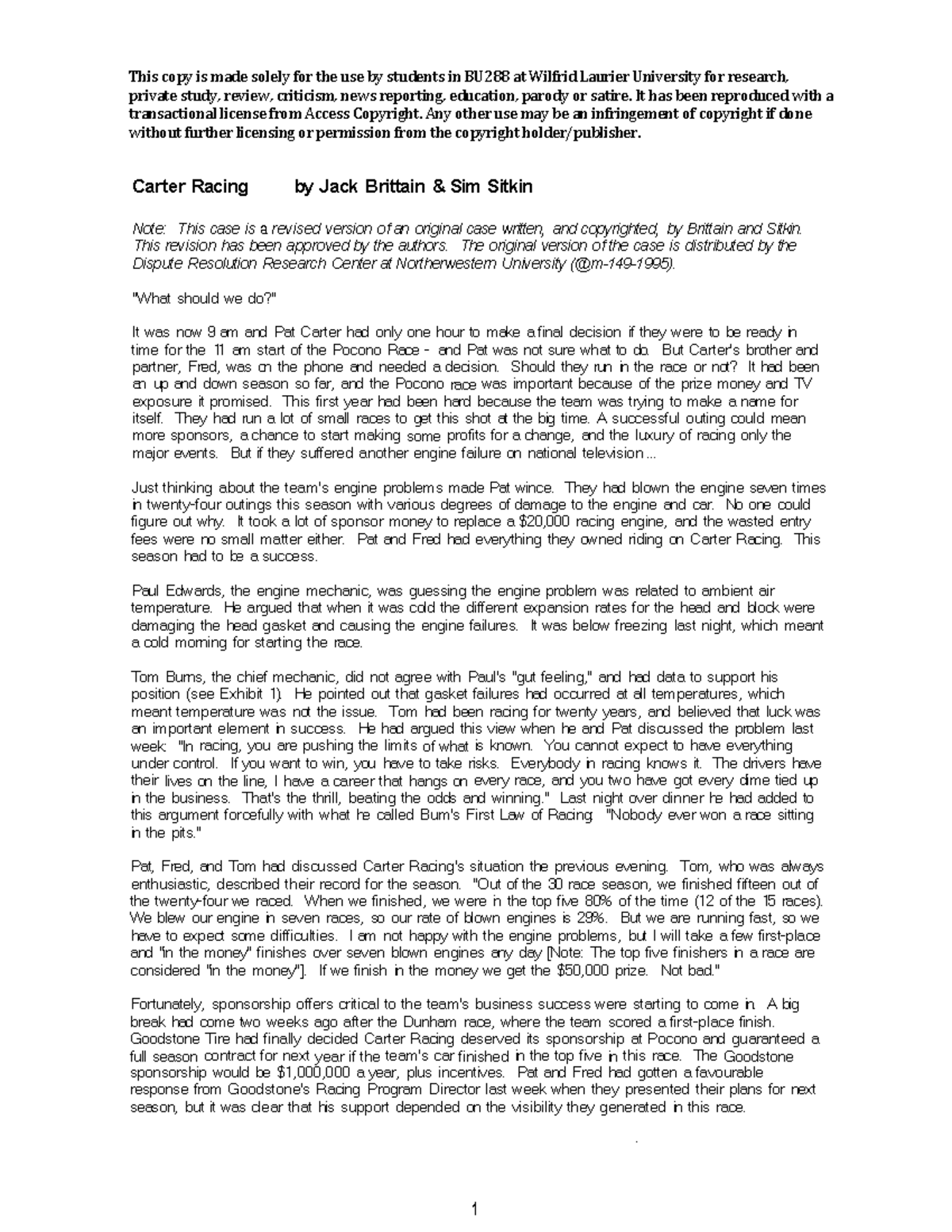 Carter racing - .... - Carter Racing by Jack Brittain & Sim Sitkin Note ...