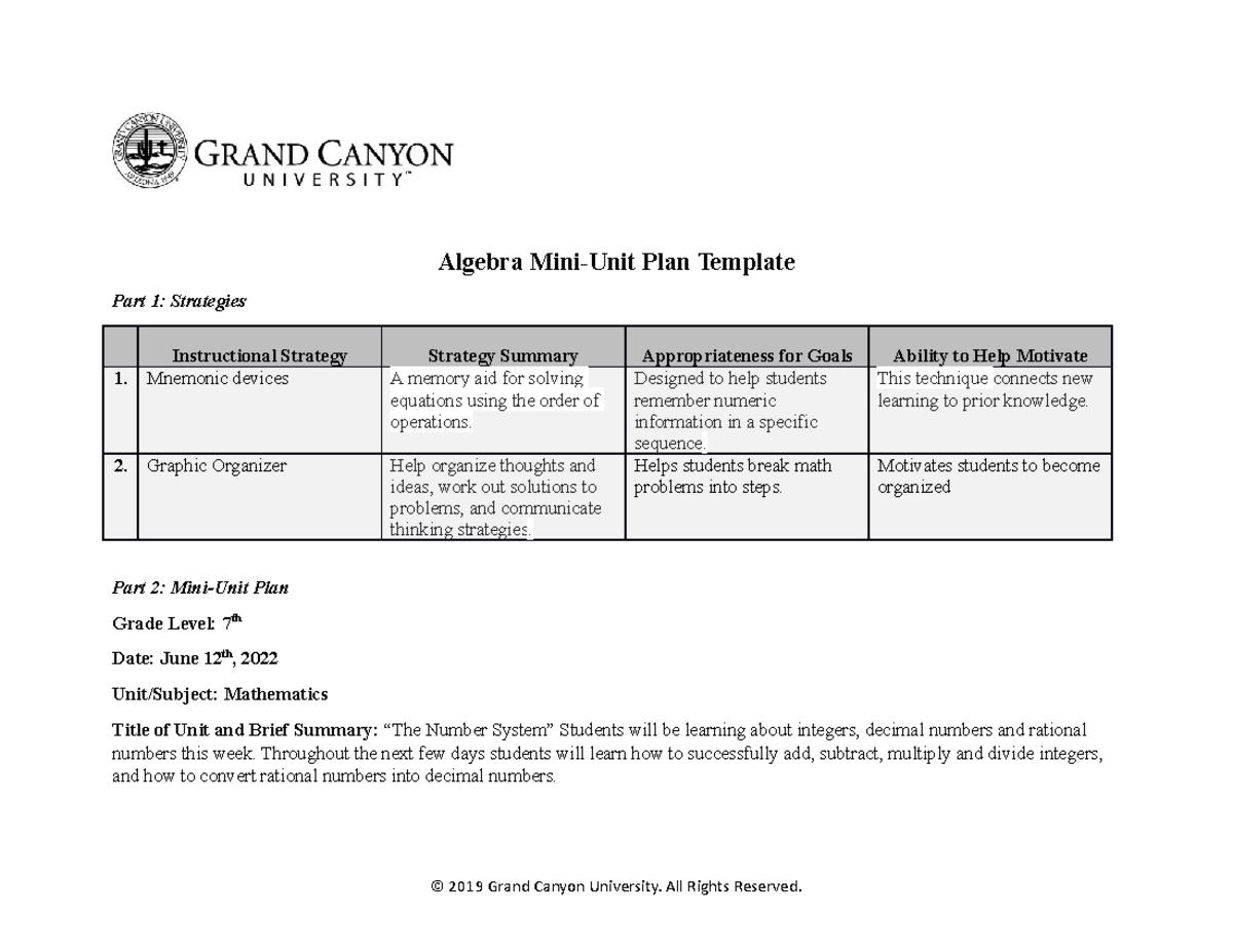 SPD-470F-D-T7-Algebra Unit Plan BAR Template - Algebra Mini-Unit Plan ...