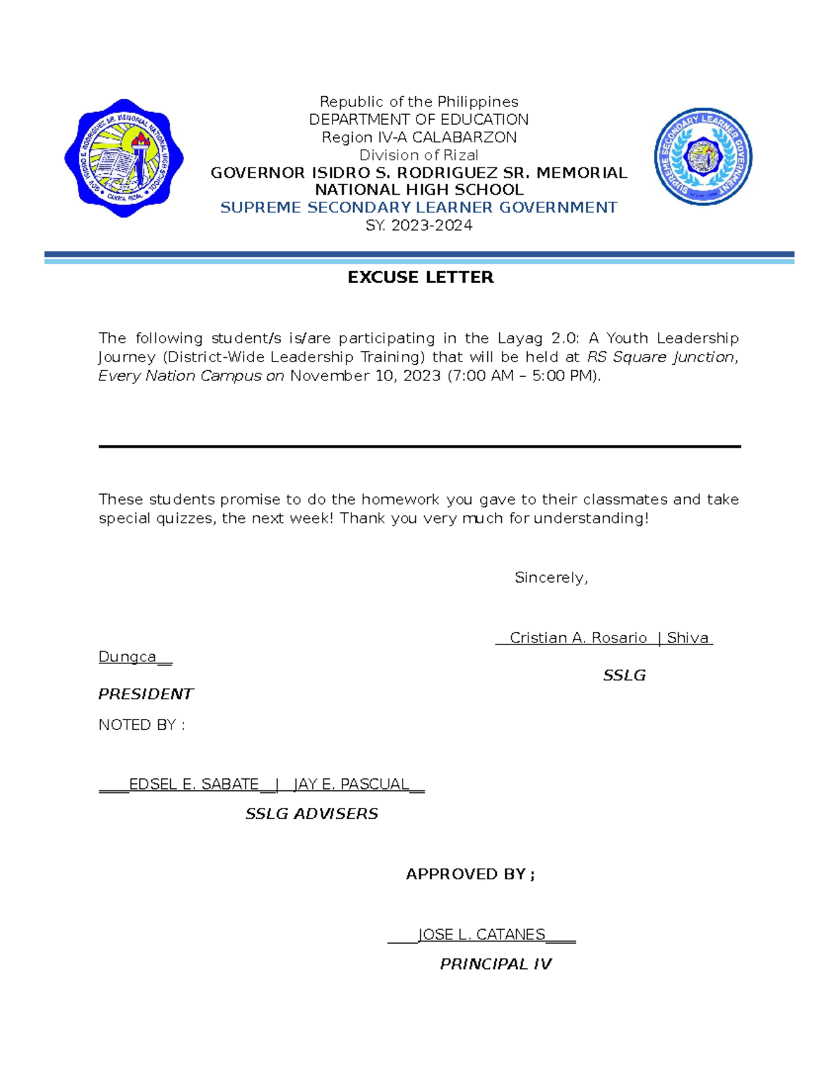 Excuse- Letter- Layag - dbdfv - Republic of the Philippines DEPARTMENT ...