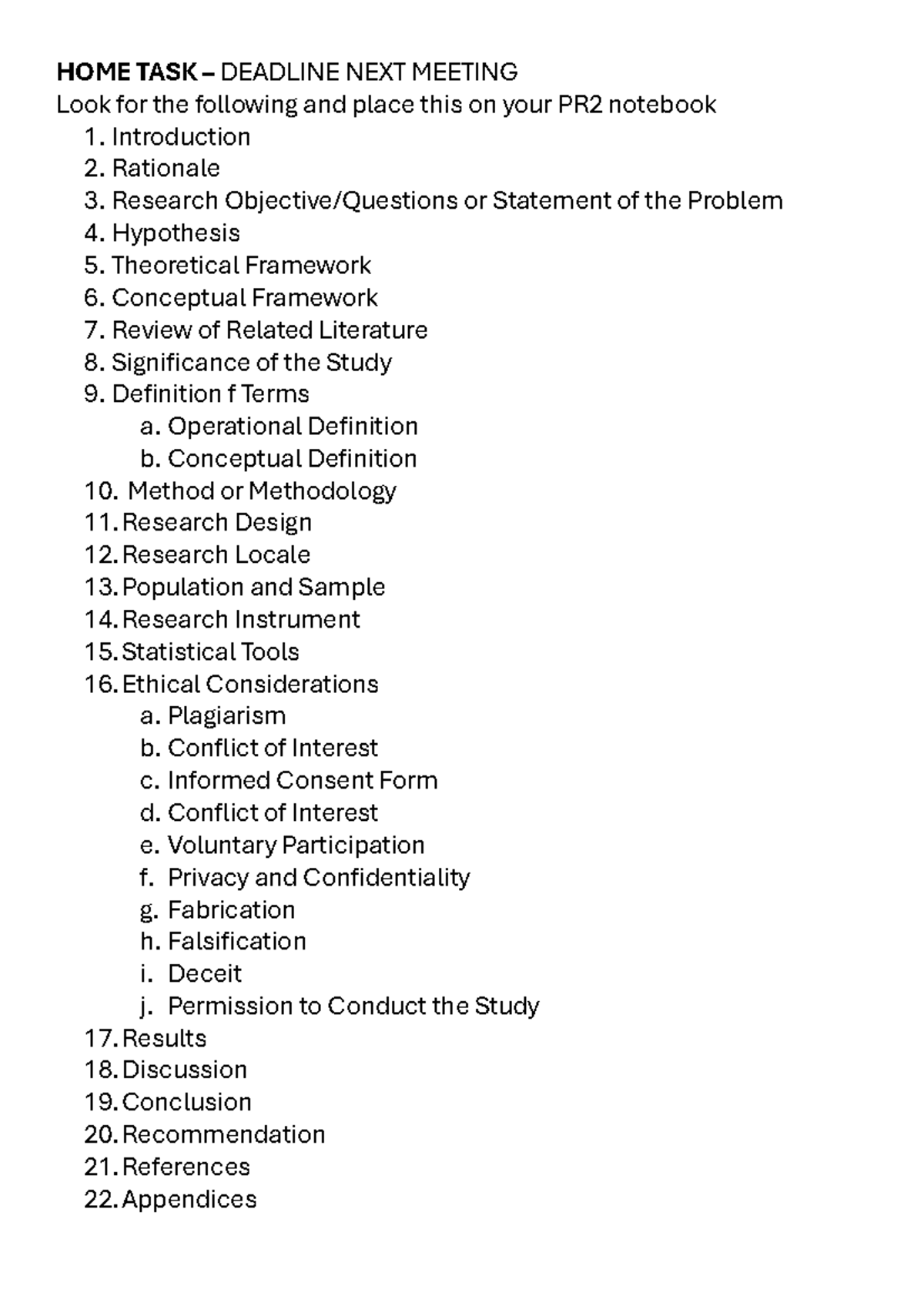HOME TASK parts of a research paper - HOME TASK – DEADLINE NEXT MEETING ...