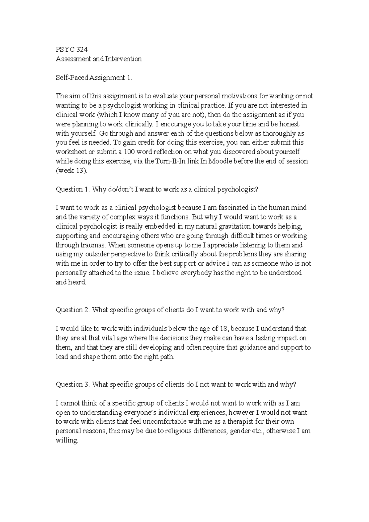 SELF-PACED ASSIGNMENT - PSYC 324 Assessment and Intervention Self-Paced ...