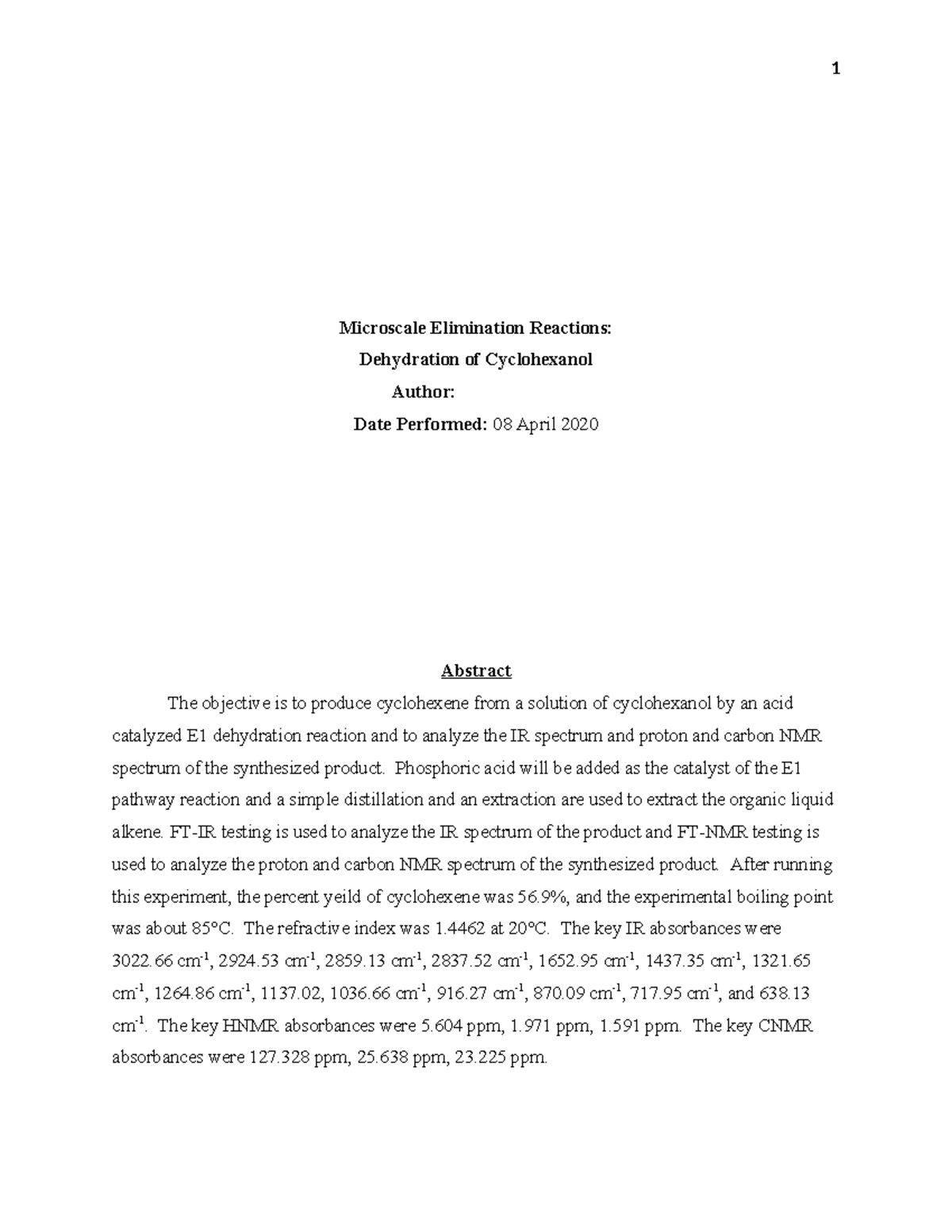 CHM 201 Sample Lab Report - Microscale Elimination Reactions ...