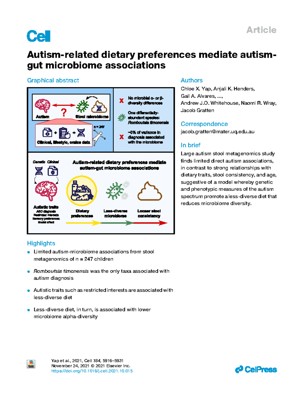 Autism-related dietary preferences mediate autism- gut microbiome ...