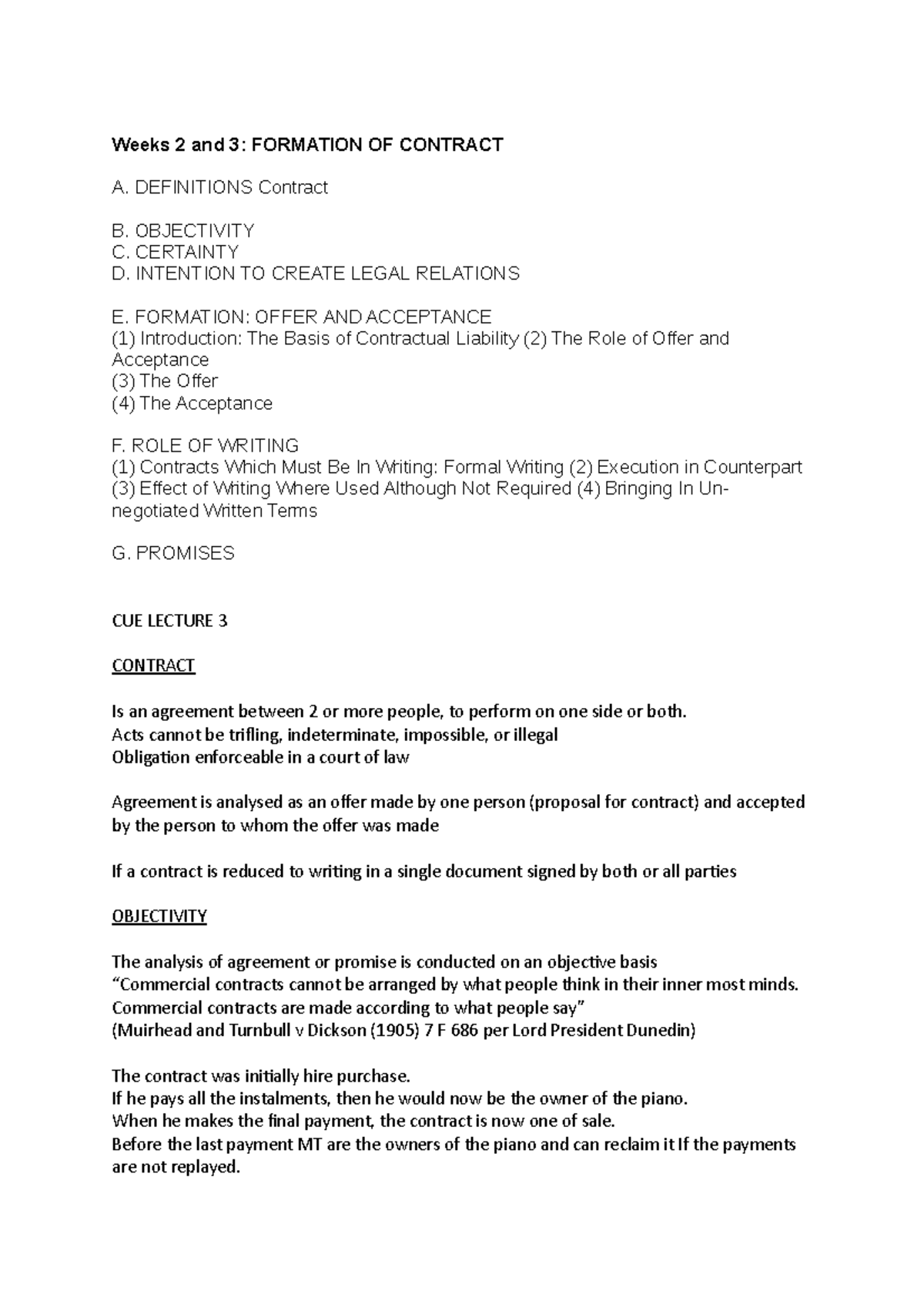 WEEK 2 - Formation OF Contract - Weeks 2 and 3: FORMATION OF CONTRACT A ...