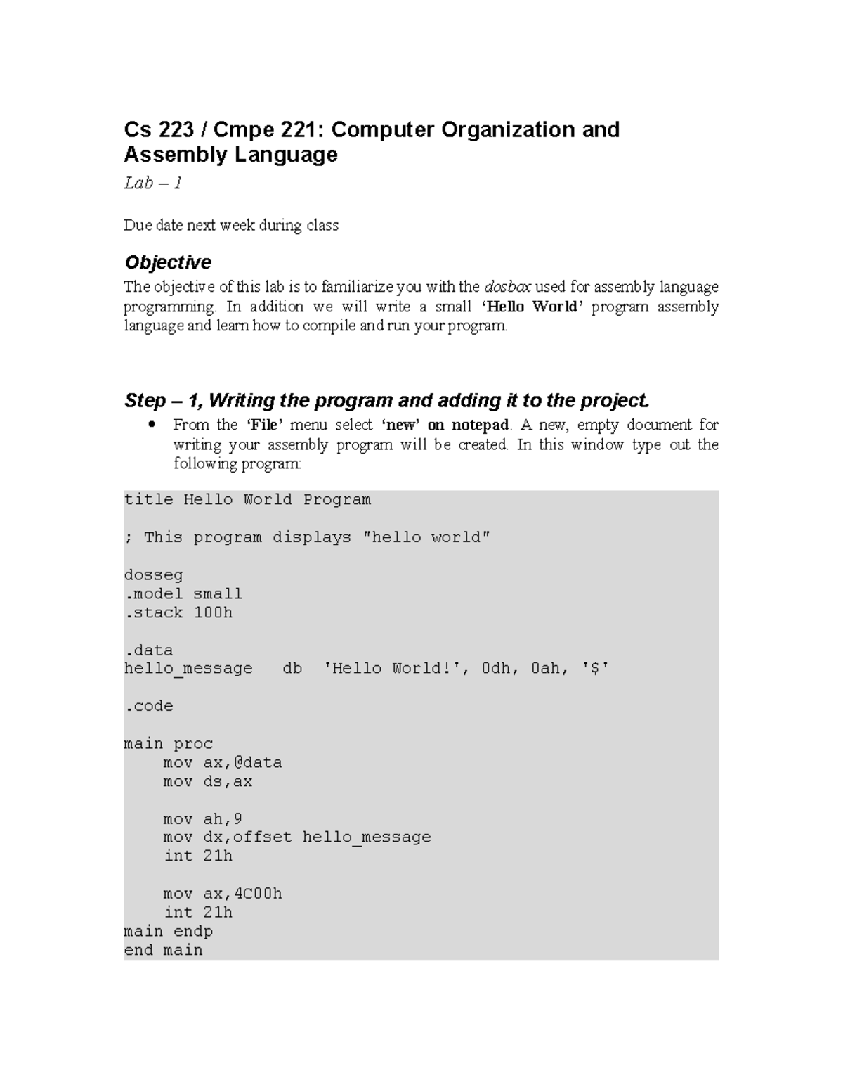 Lab1 task - sdssdsdsad sdsds - Cs 223 / Cmpe 221: Computer Organization and Assembly Language ...