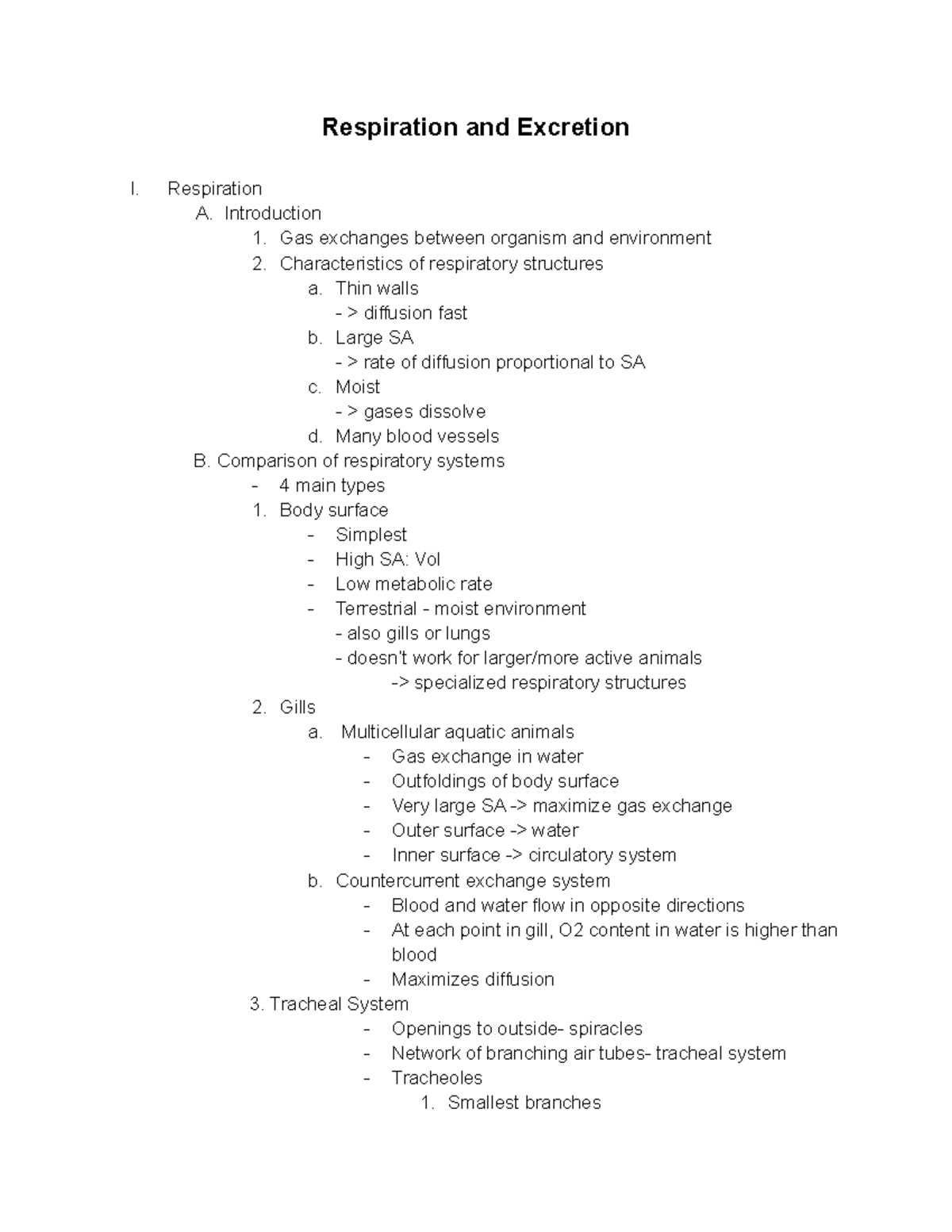 BIO NOTES- RESPIRATION AND EXCRETION - Respiration and Excretion I ...