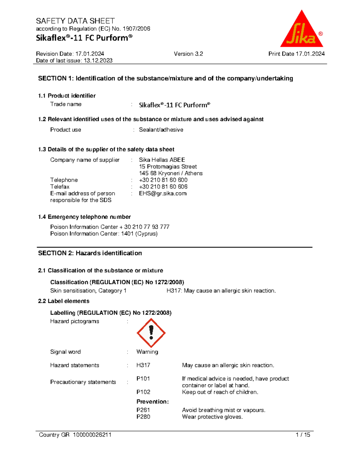 2205 SDS Sikaflex 11FC Purform V2 en - according to Regulation (EC) No ...