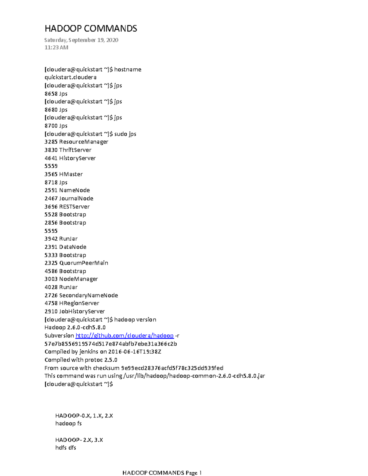 Hadoop Commands Clouderaquickstart ~ Hostname Quickstart
