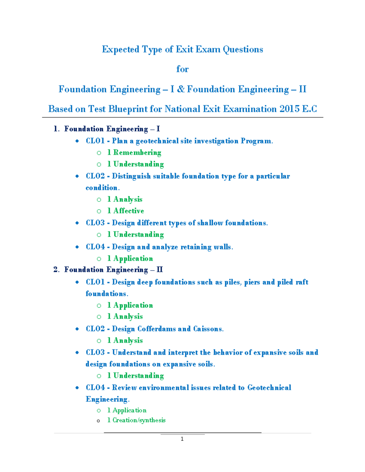 Expected type of Exit Exam Questions for Foundation Engineering 1 & 2 ...