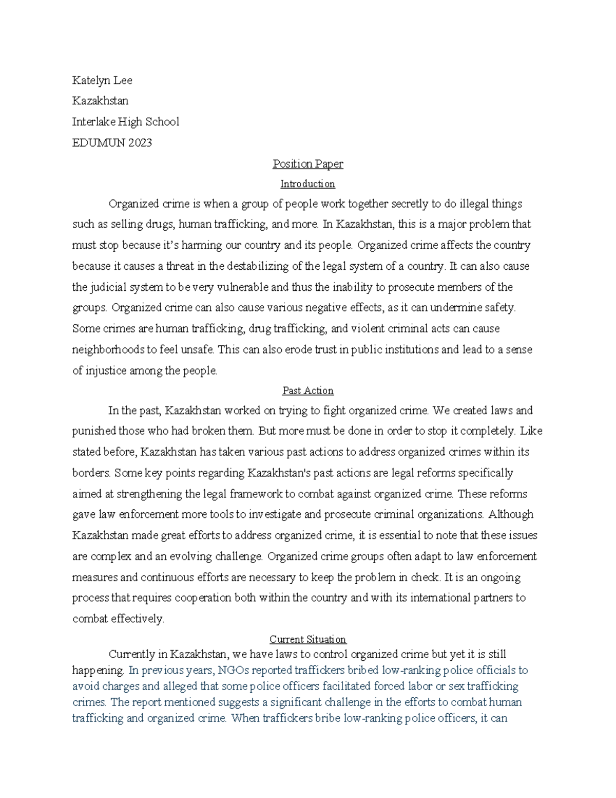 Model UN Kazakhstan - Katelyn Lee Kazakhstan Interlake High School ...