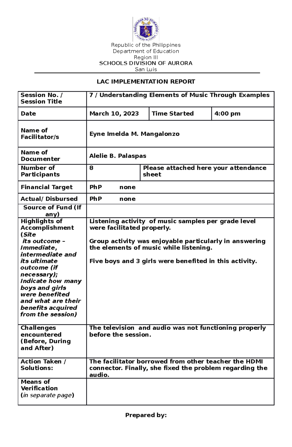 LAC Session Completion Report Template Mapeh - Republic of the ...