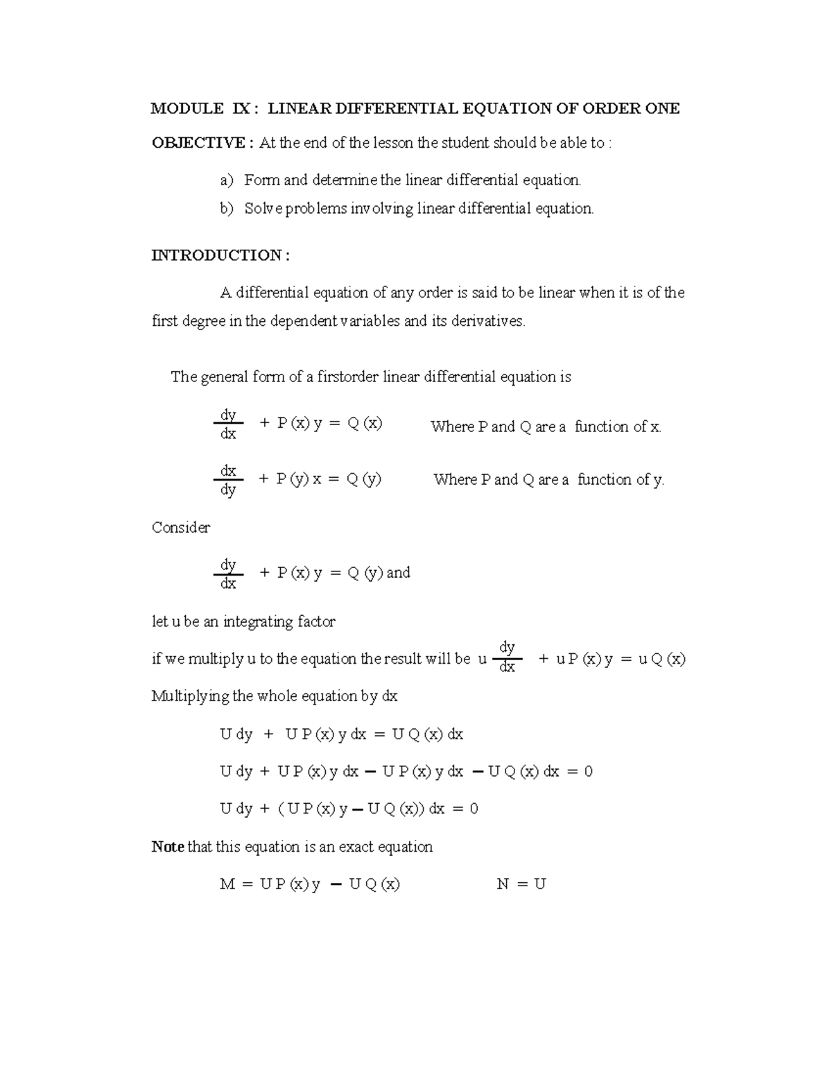 Module IX - MODULE IX : LINEAR DIFFERENTIAL EQUATION OF ORDER ONE ...