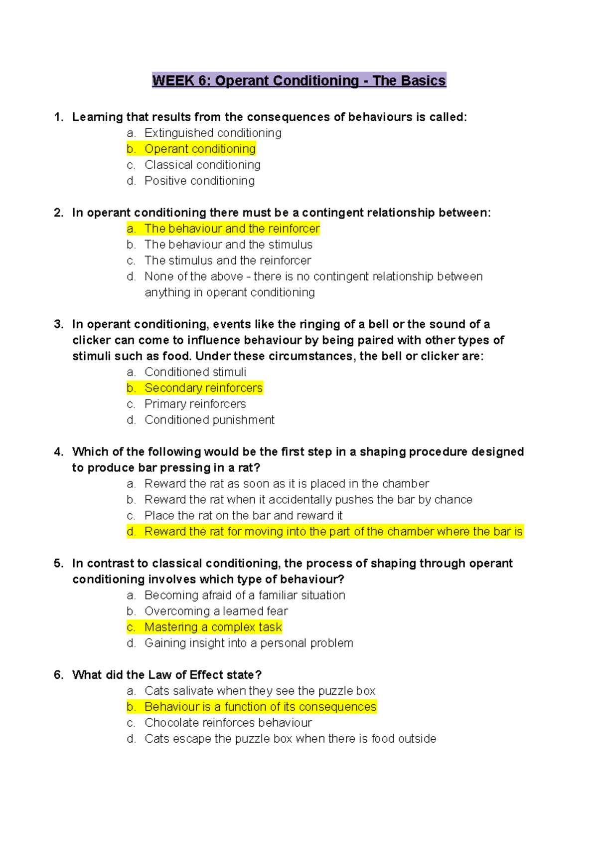 WEEK 6- human learning questions multiple choice - WEEK 6: Operant ...
