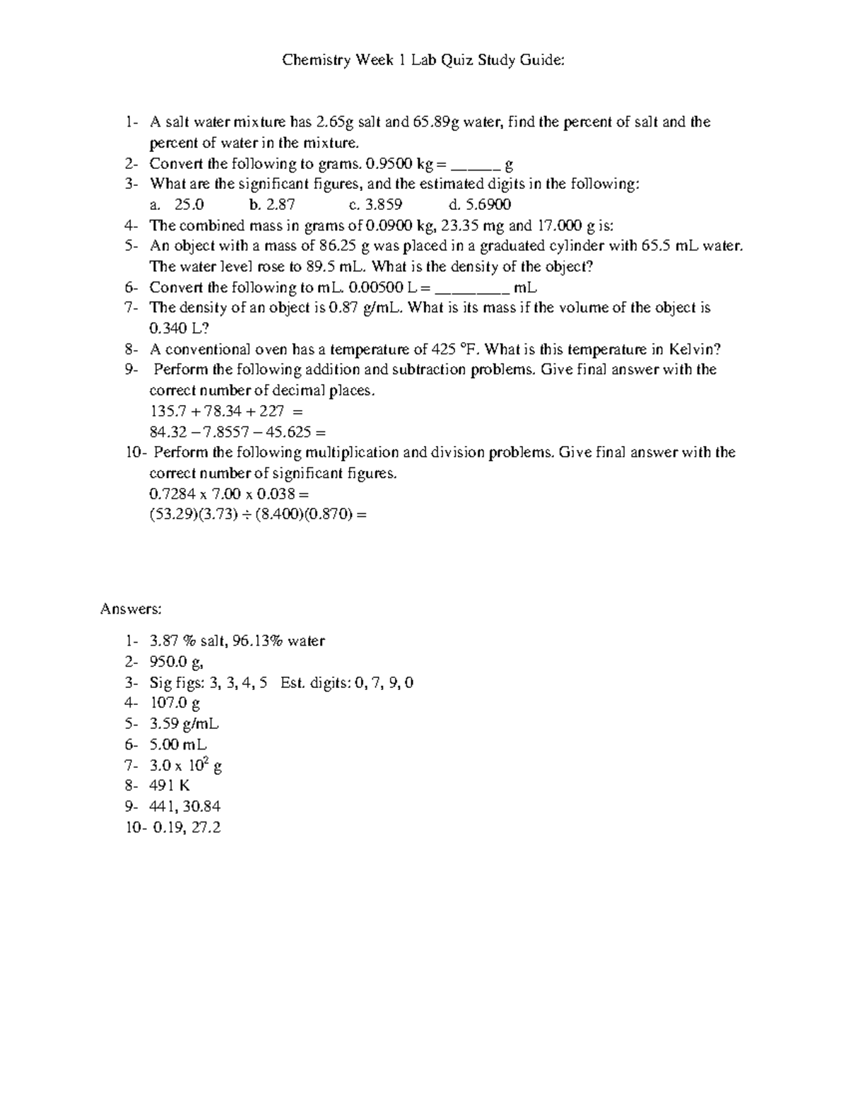 Week 1 Lab Quiz Study Guide - Chemistry Week 1 Lab Quiz Study Guide: 1 ...
