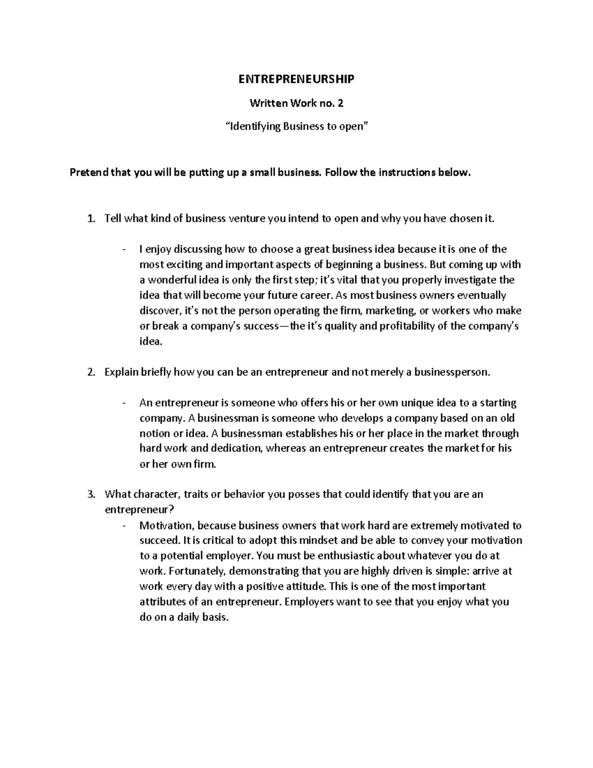 STEM C-WW2- Bernabe- Entrep - ENTREPRENEURSHIP Written Work no. 2