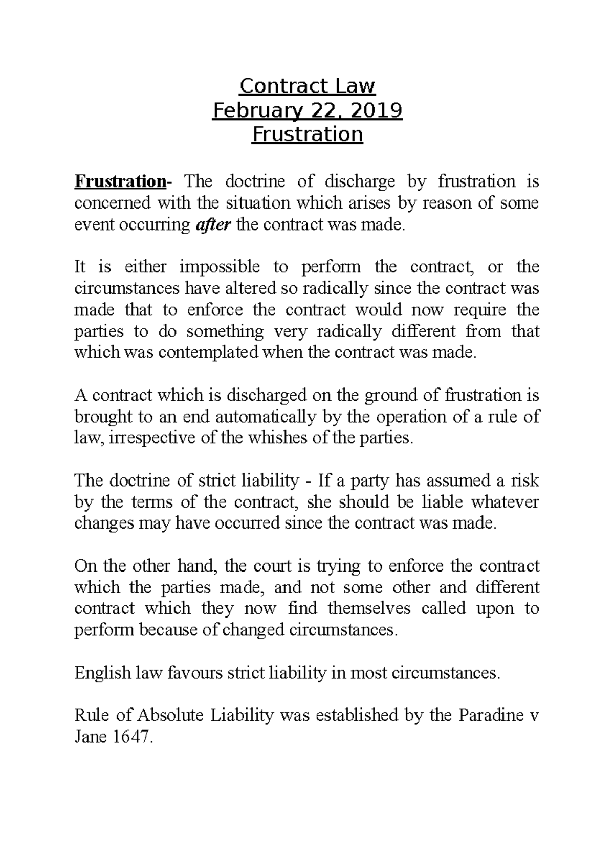 02:22:2019 - Frustration - Contract Law February 22, 2019 Frustration ...