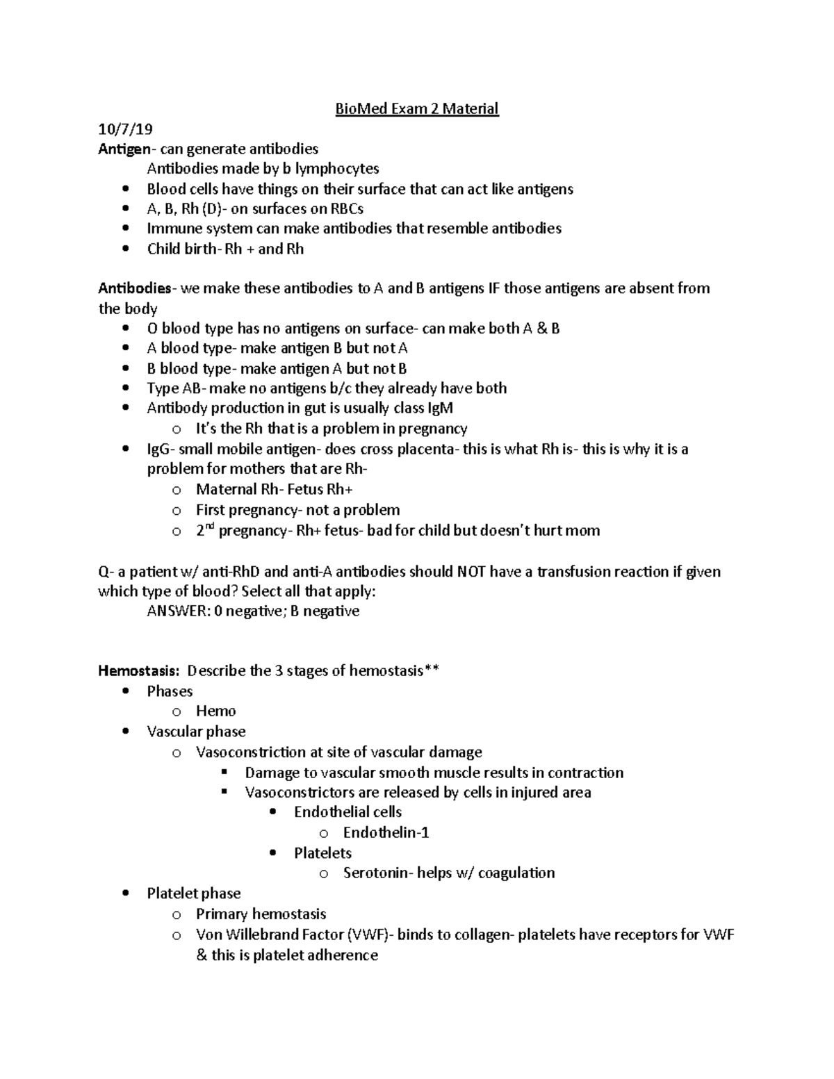 Bio Med Class Notes- EXAM 2 - BioMed Exam 2 Material 10/7/ Antigen- can ...